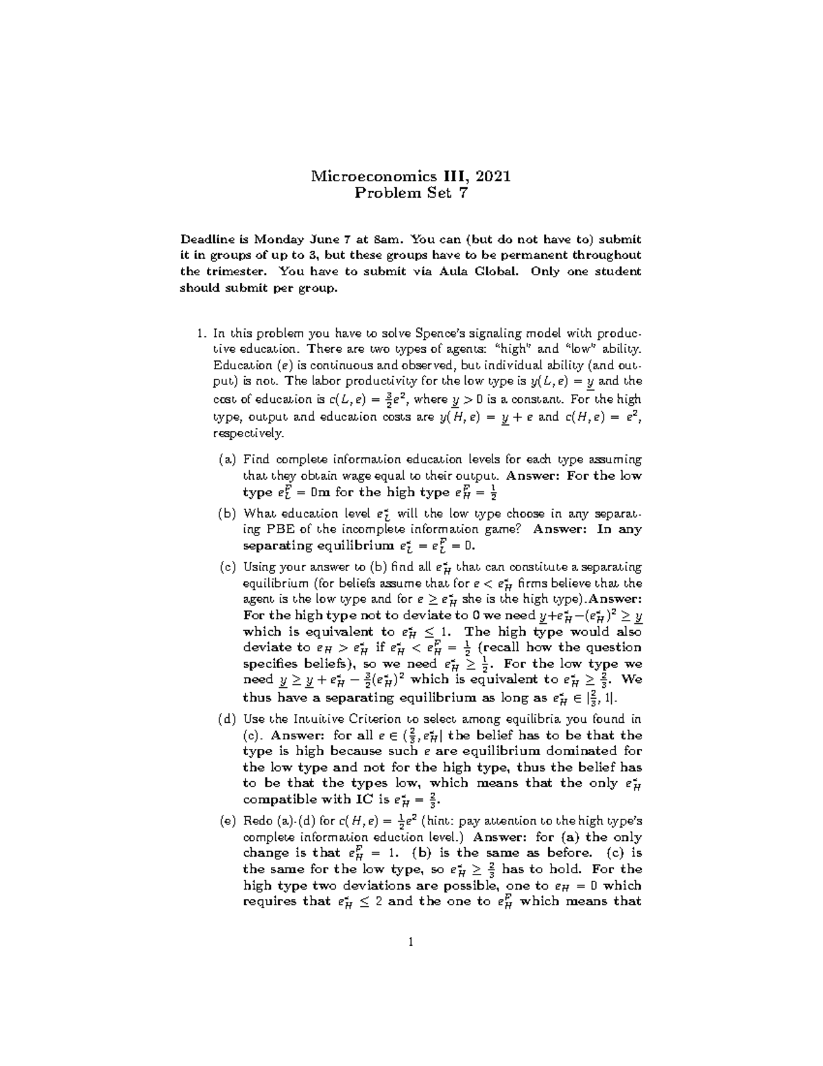 Problem-set-7-2021 with answers - Microeconomics III, 2021 Problem Set 7 Deadline is Monday June ...