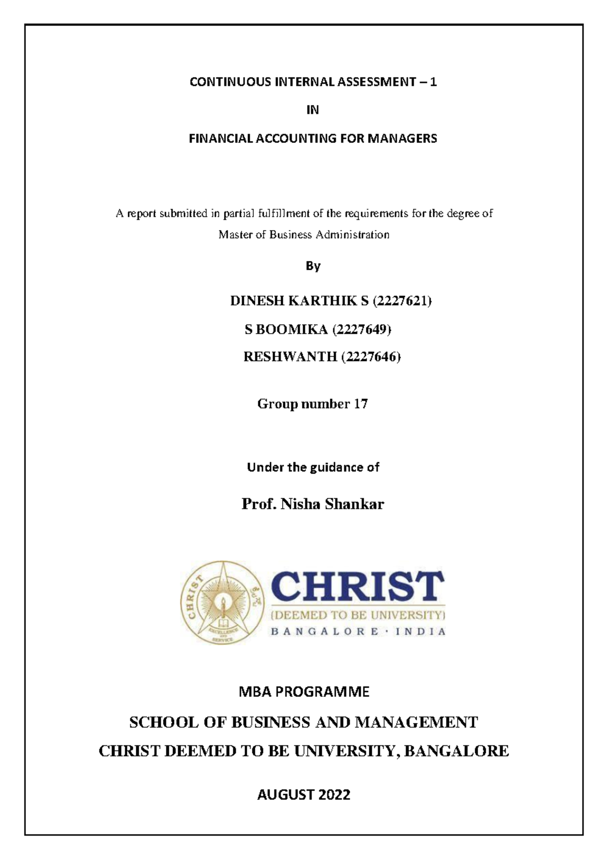 CIA 1 (Group 17) - Assessment - CONTINUOUS INTERNAL ASSESSMENT – 1 IN ...