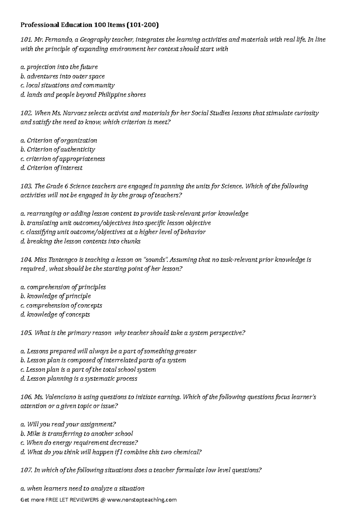 Prof ed 101 200 - Credits - Professional Education 100 Items (101-200 ...