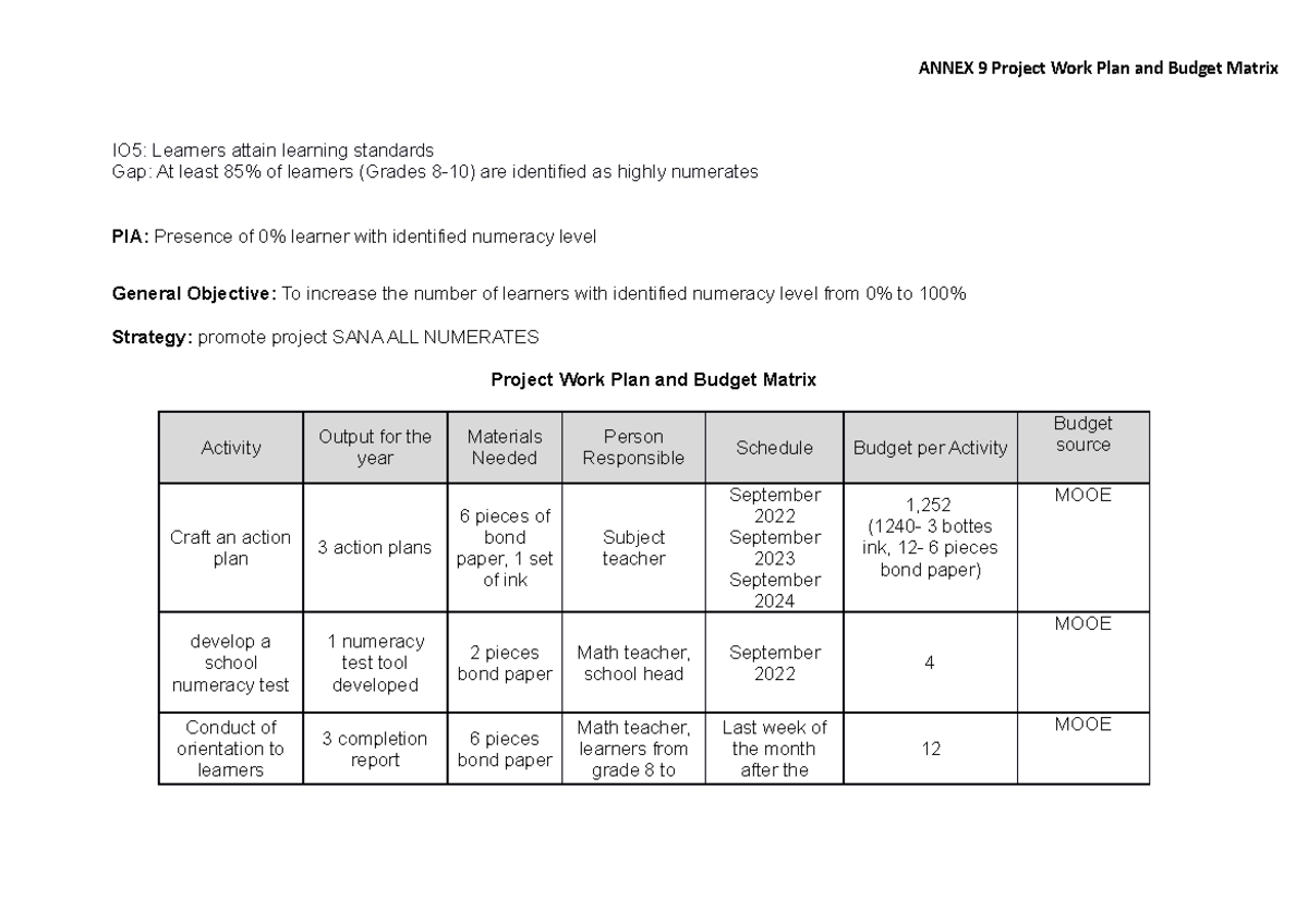 Numerates - Notes - ANNEX 9 Project Work Plan and Budget Matrix IO5 ...