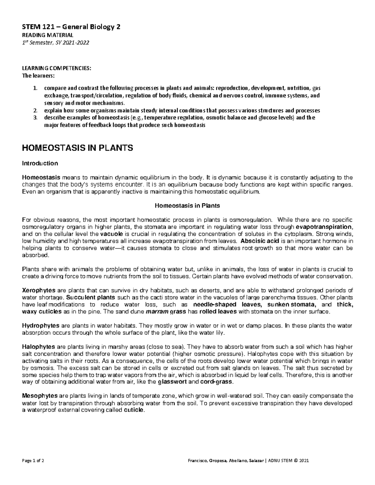 11-Reading Material Homeostasis IN Plants - STEM 121 – General Biology ...