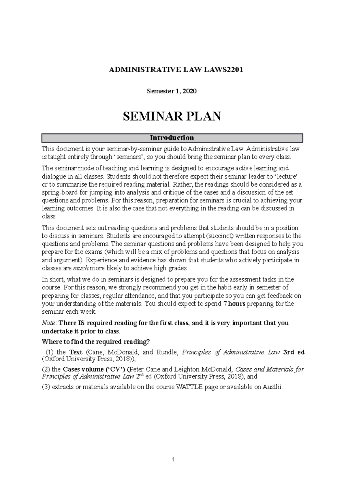 Class Plan 2020 - ADMINISTRATIVE LAW LAWS Semester 1, 2020 SEMINAR PLAN ...