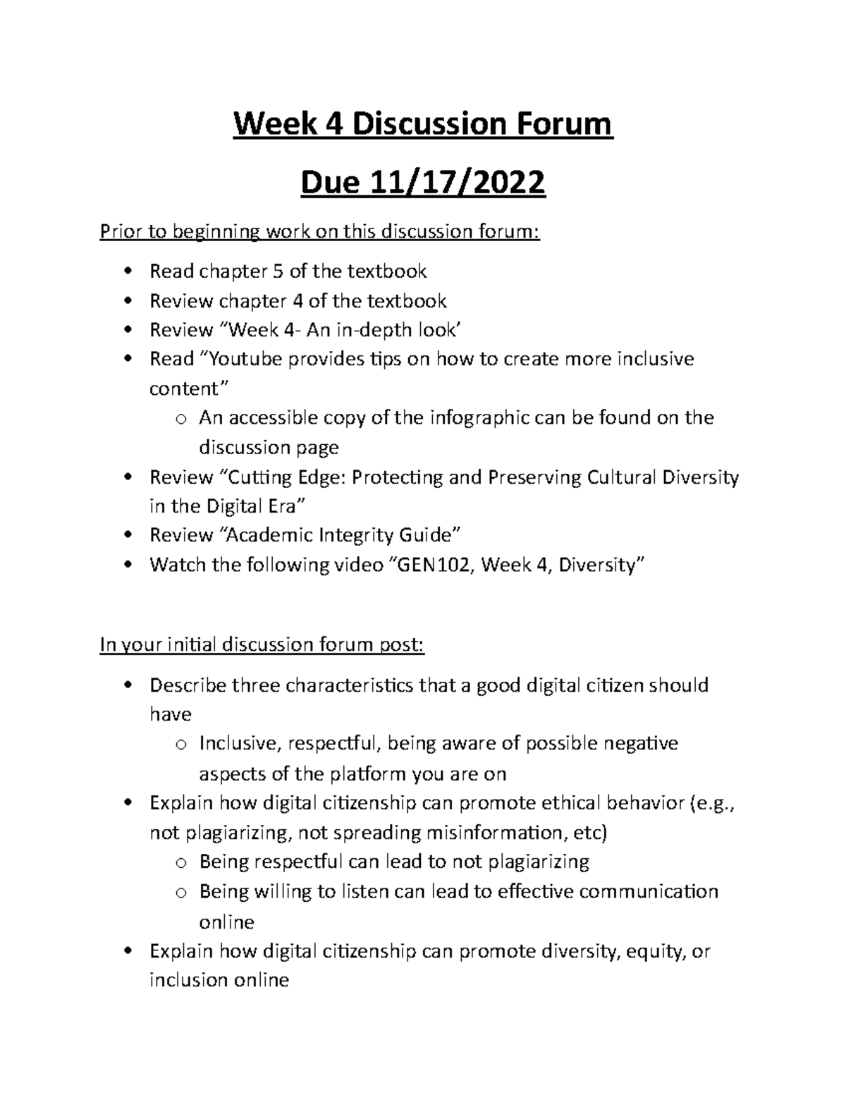 Week 4 Discussion Forum - Week 4 Discussion Forum Due 11/17/ Prior to beginning work on this ...