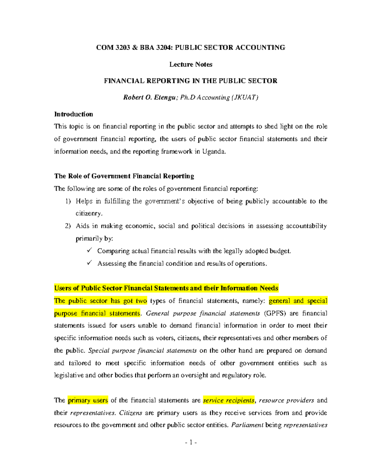 Topic 2 Financial Reporting IN THE Public Sector - COM 3203 & BBA 3204 ...