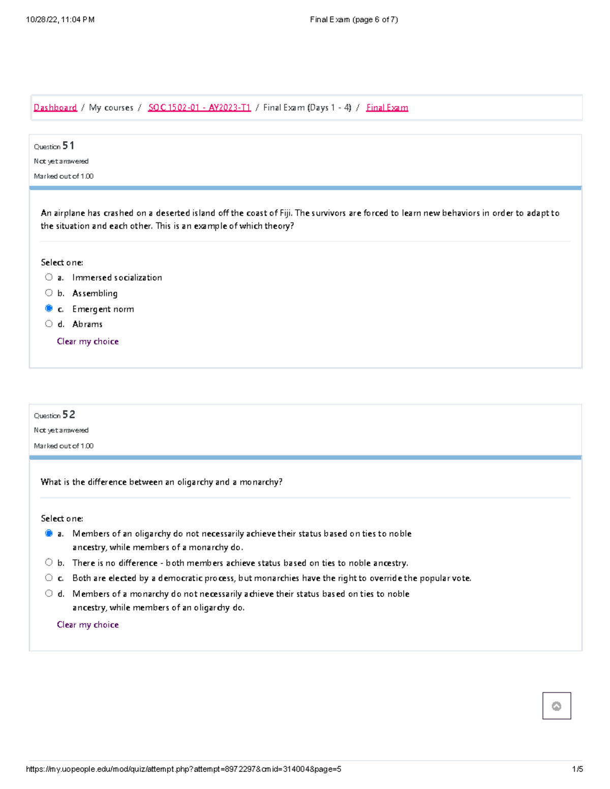 Final Exam (page 6 of 7) - Question 51 Not yet answered Marked out of 1 ...