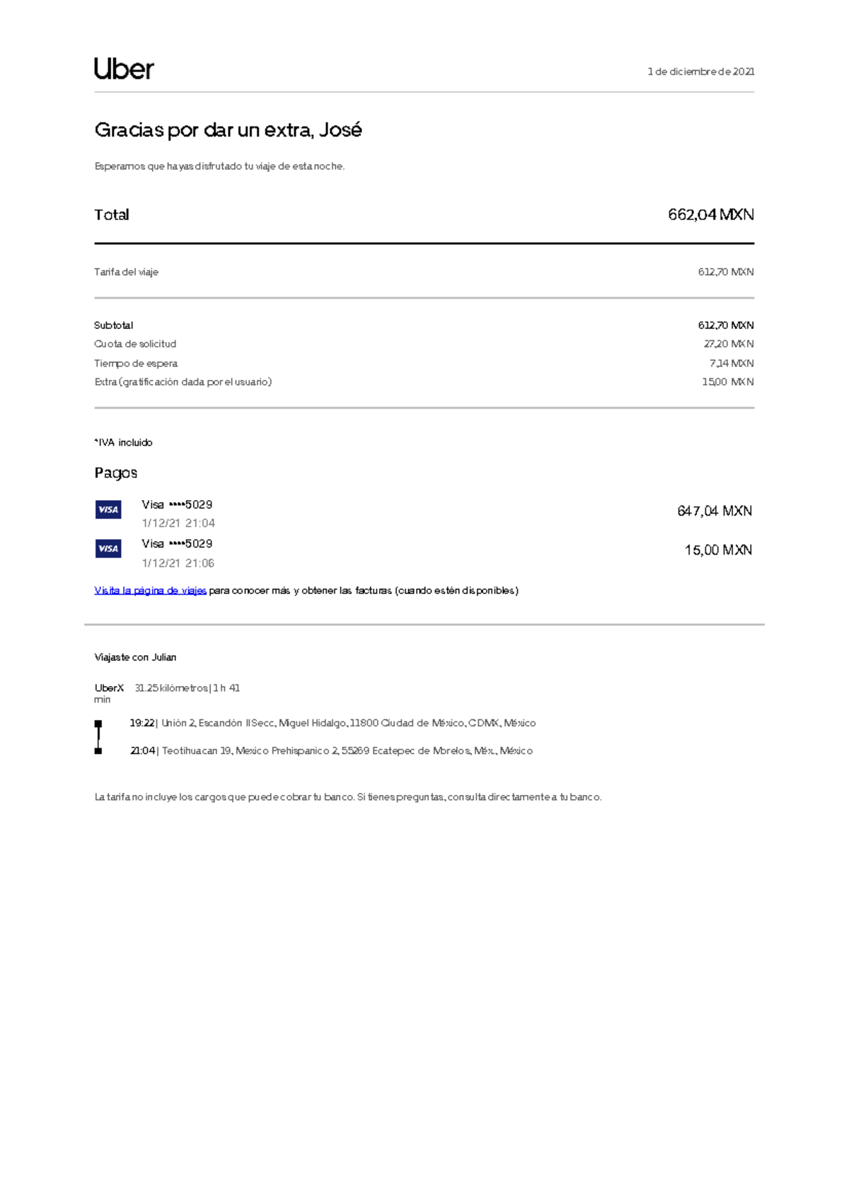Receipt 02dic2021 030649 Recibo de Uber de mi papaoapaoa - Visa •••• 1/12/21 21: Visa •••• 1/12 ...