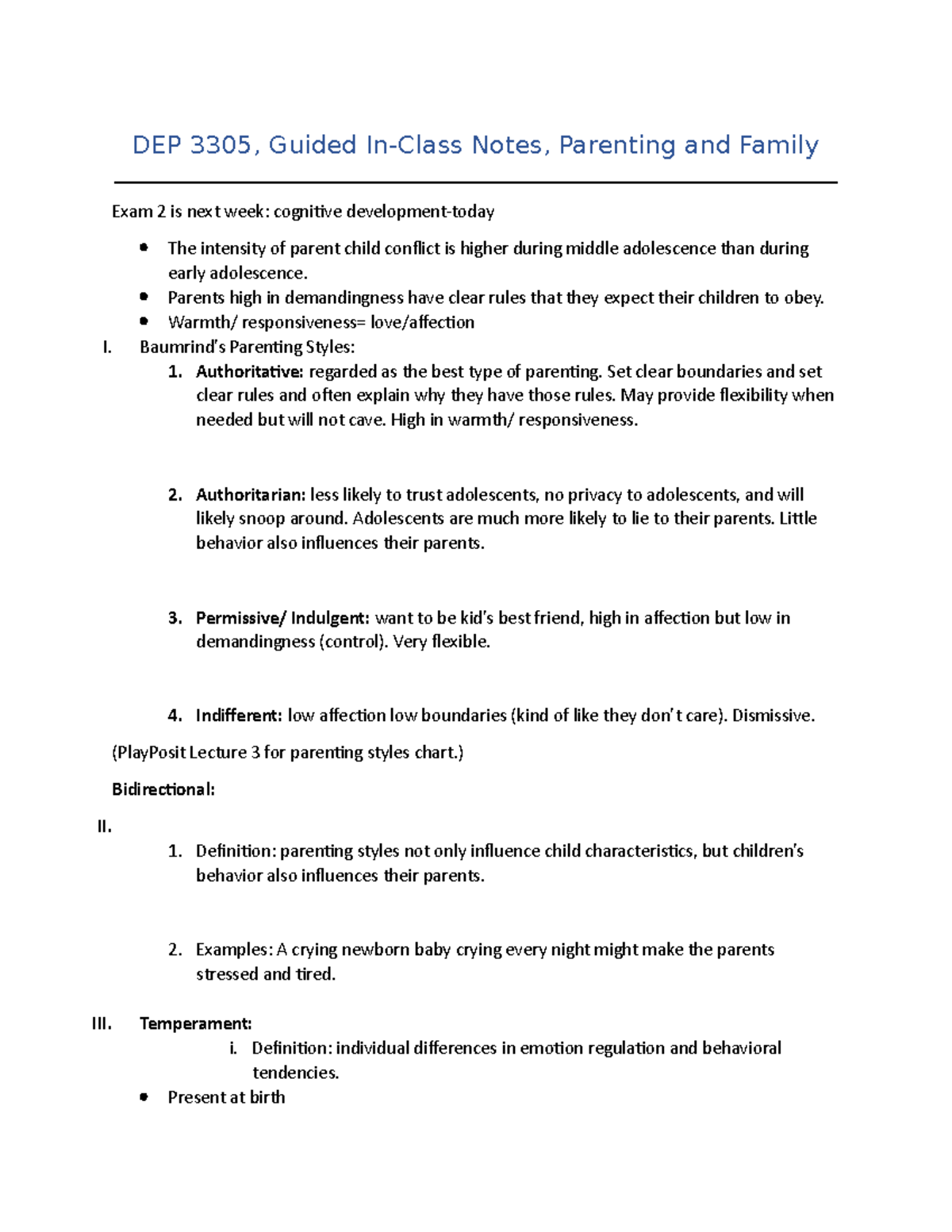 Lecture Notes: Parenting - DEP 3305, Guided In-Class Notes, Parenting ...