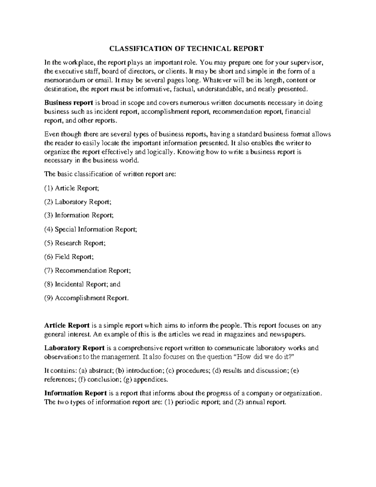 Classification OF Technical Report - CLASSIFICATION OF TECHNICAL REPORT ...