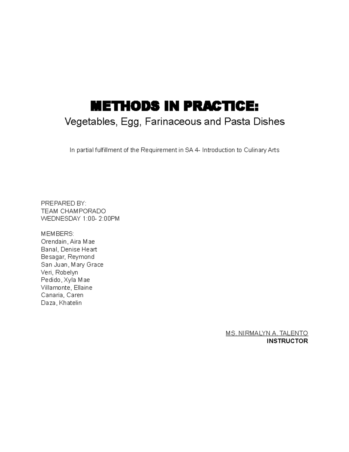 Vegetables and farinaceous - METHODS IN PRACTICE: Vegetables, Egg ...
