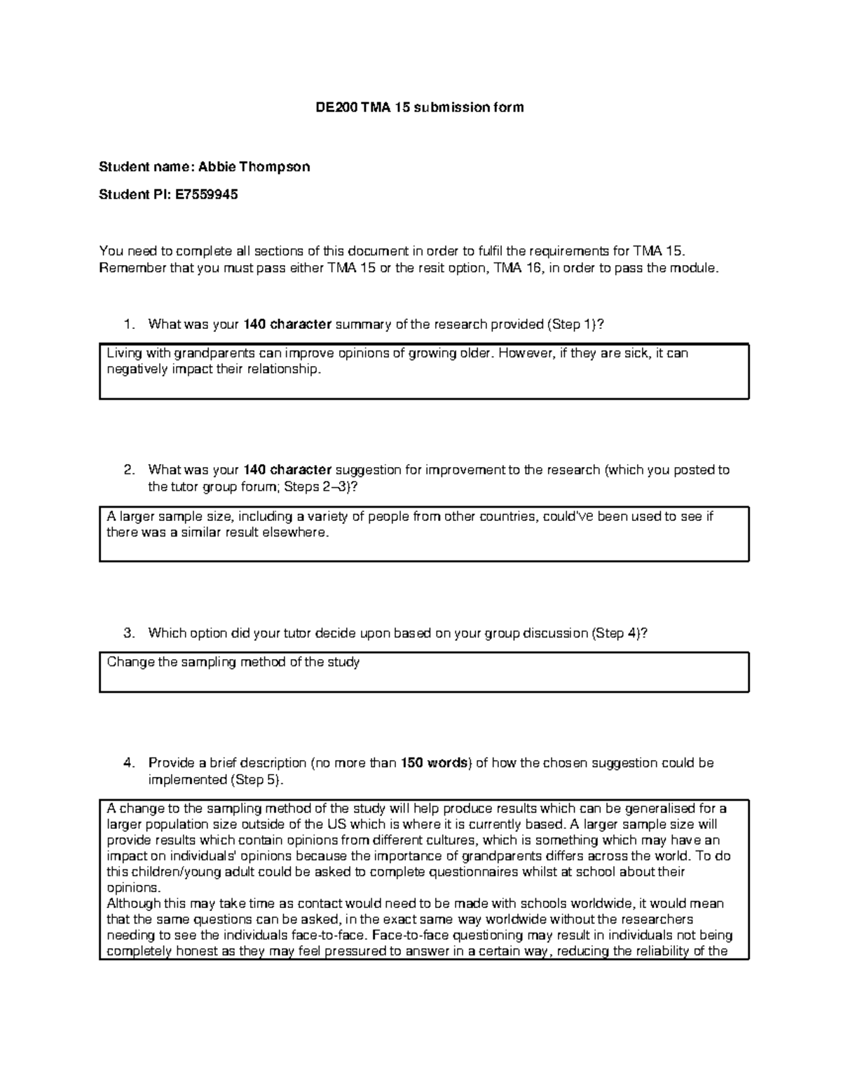 DE200 TMA 15 submission form - Remember that you must pass either TMA ...