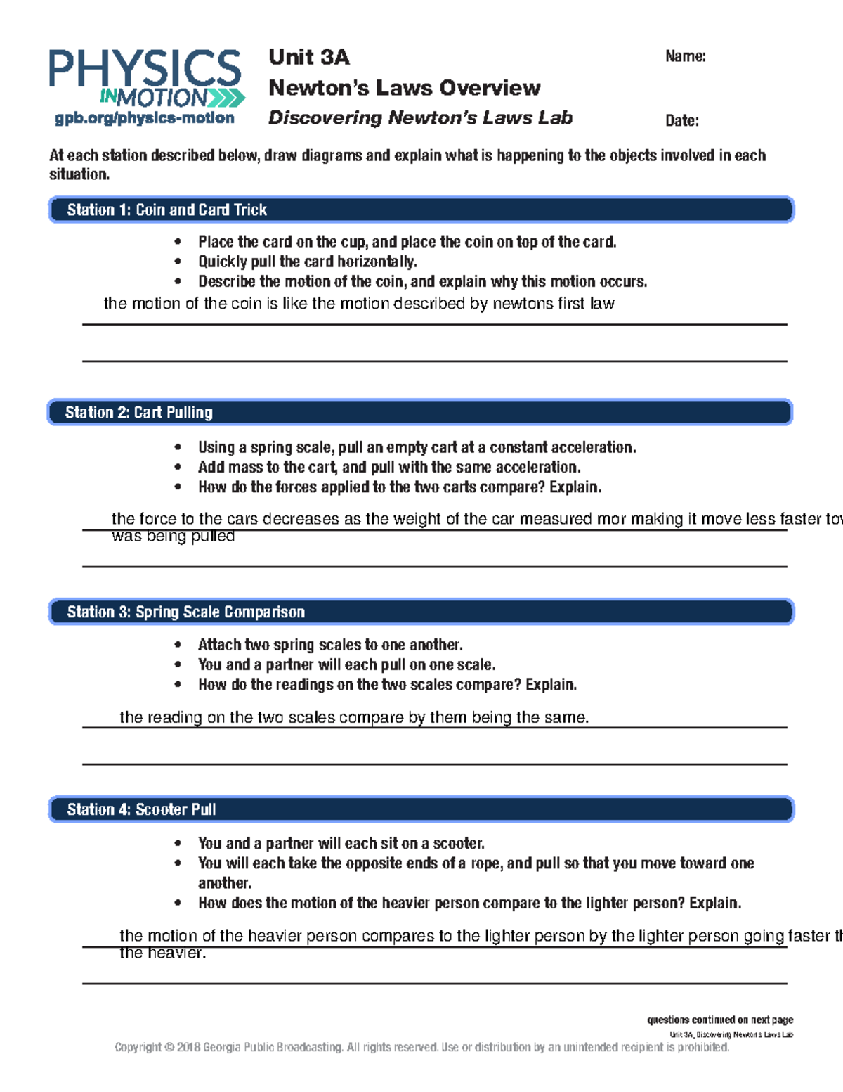 Unit 3a discovering newtons law lab 0 - Copyright © 2018 Georgia Public ...