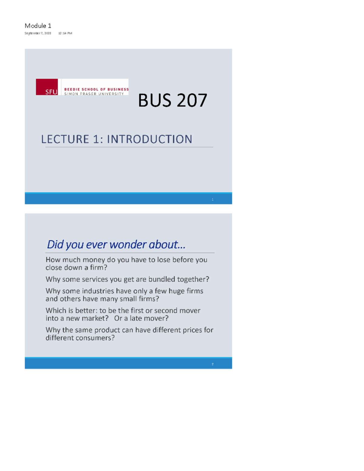 BUS207 2023f Module 1 hand notes - BUS 207 - Module 1 September 7, 2023 ...