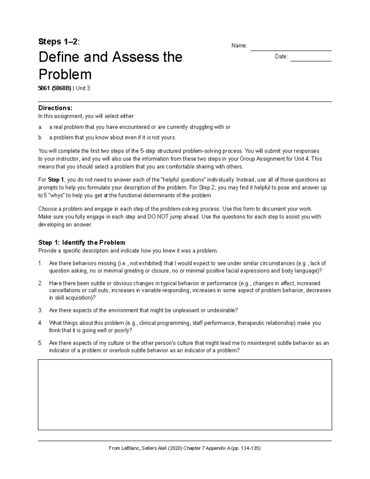 5061 Define and Assess the Problem - From LeBlanc, Sellers Ala’i (2020 ...