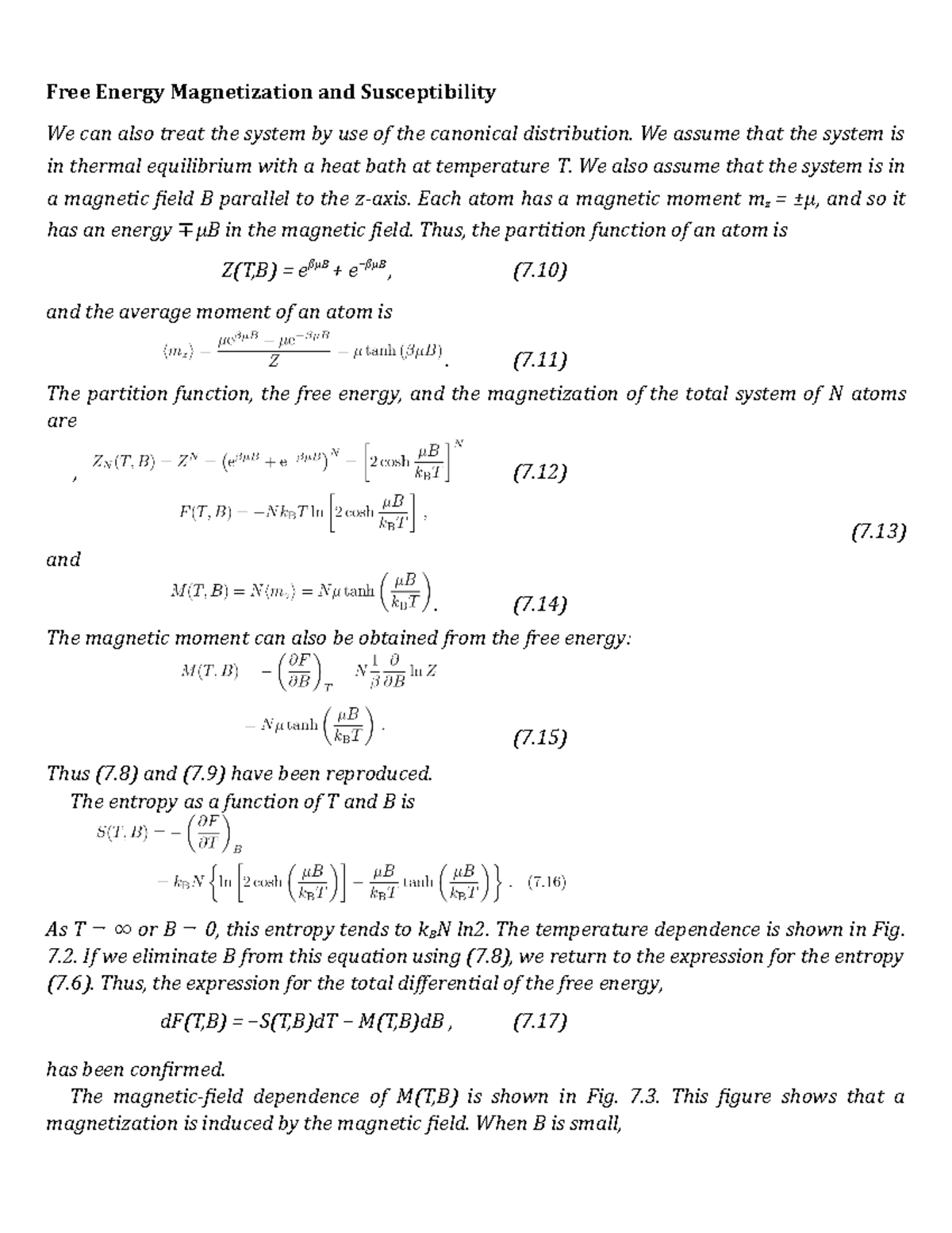 Free Energy Magnetization and Susceptibility - We assume that the ...