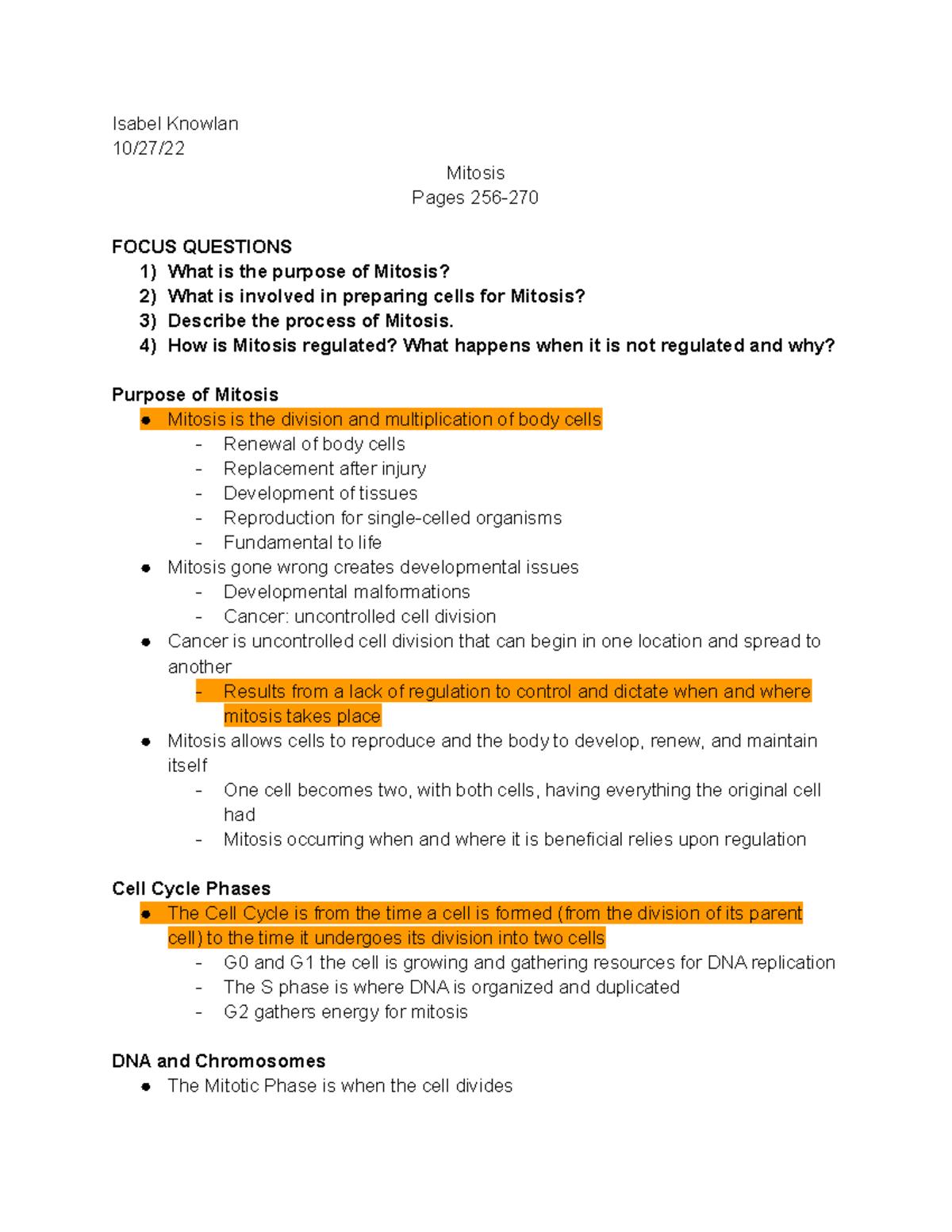 General Biology 1 Notes - Isabel Knowlan 10/27/ Mitosis Pages 256 ...