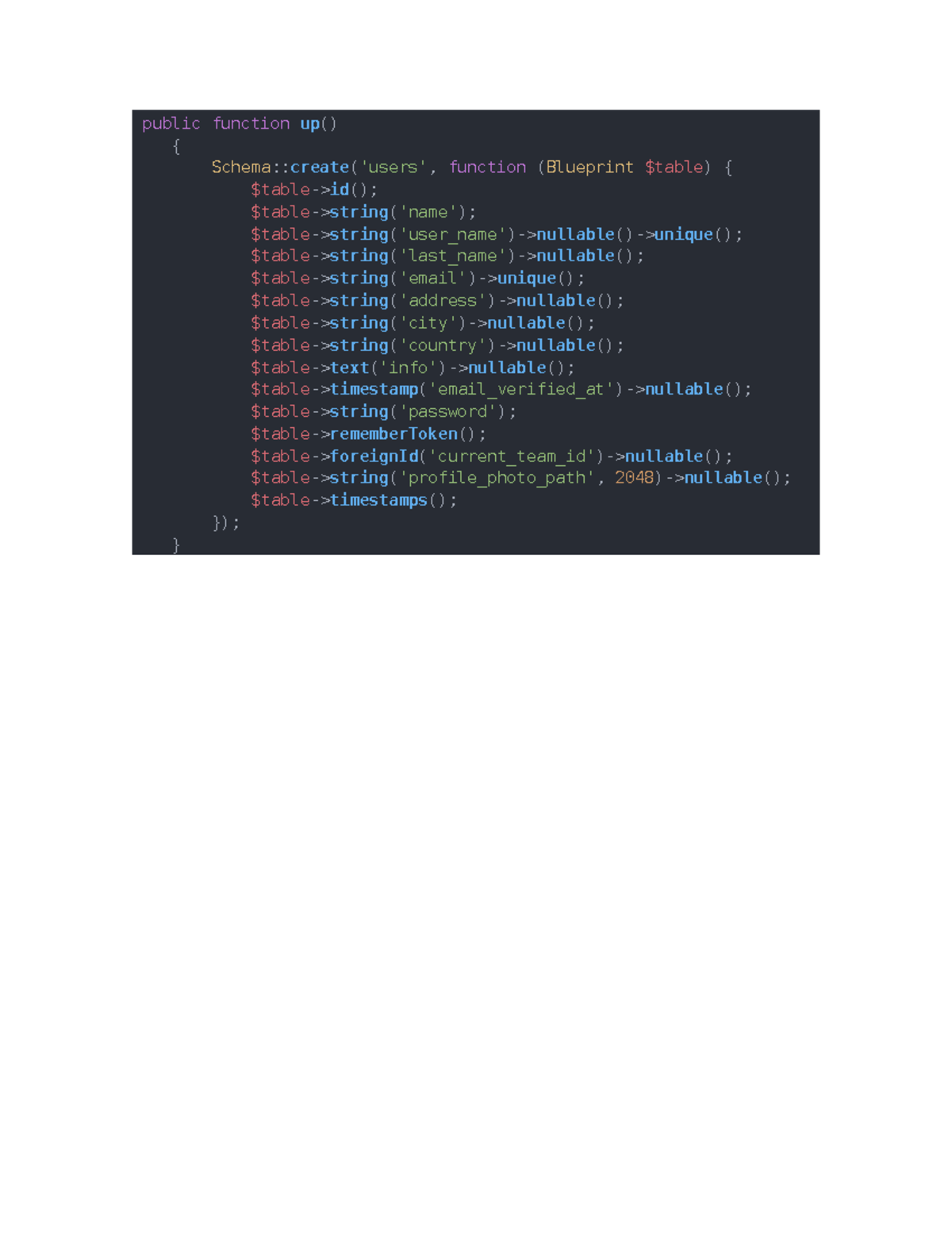 Subir 00000002 - apuentes 1 - public function up() { Schema::create ...