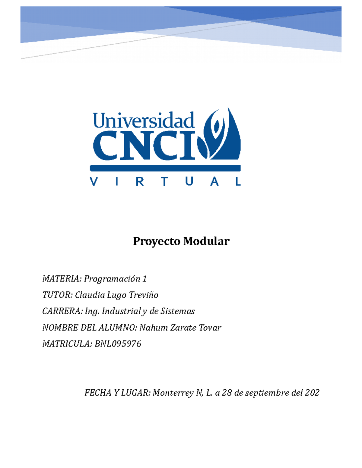 Proyecto Modular programacion 1 - Proyecto Modular MATERIA: Programación 1 TUTOR: Claudia Lugo ...