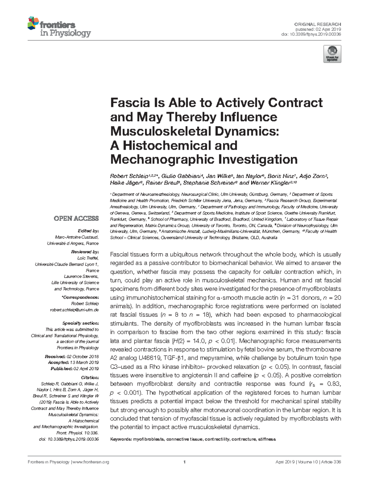 Fascia Is Able to Actively Contract and May Thereby Influence ...