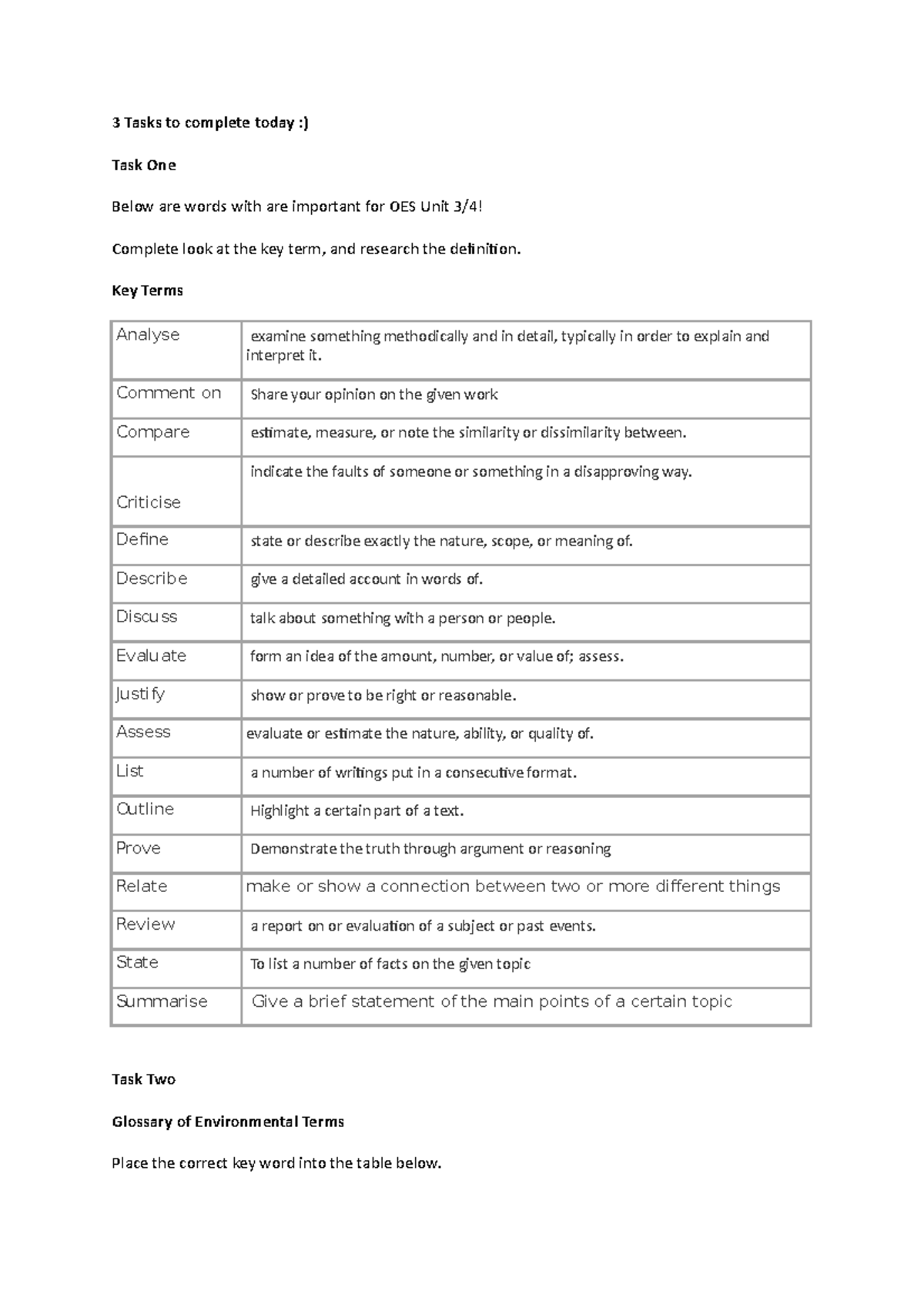 Wednesday 1 Dec OES - work - 3 Tasks to complete today :) Task One ...