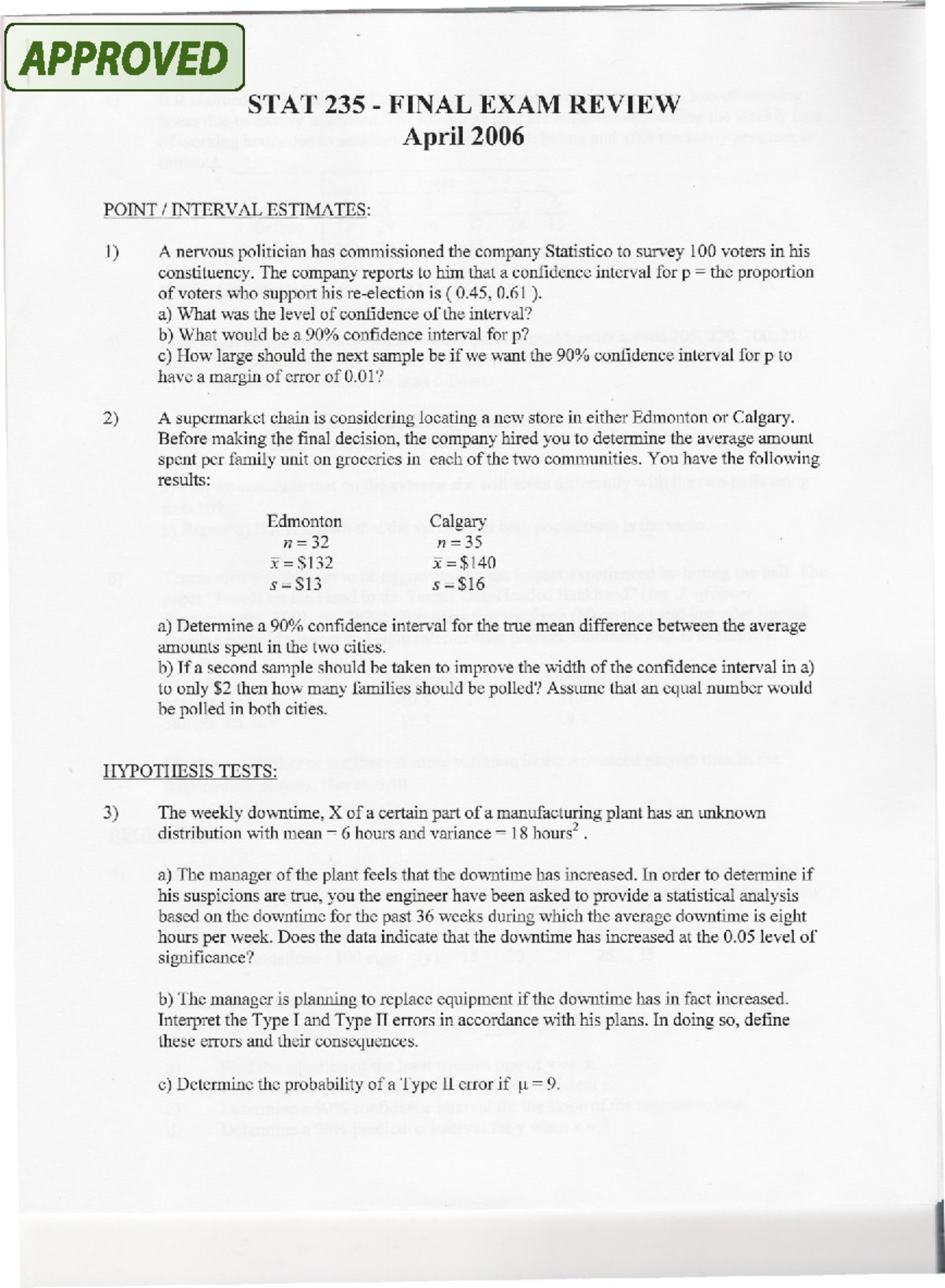 STAT235 Final 2006 Winter - STAT 235 - FINAL EXAM REVIEW April 2006 ...