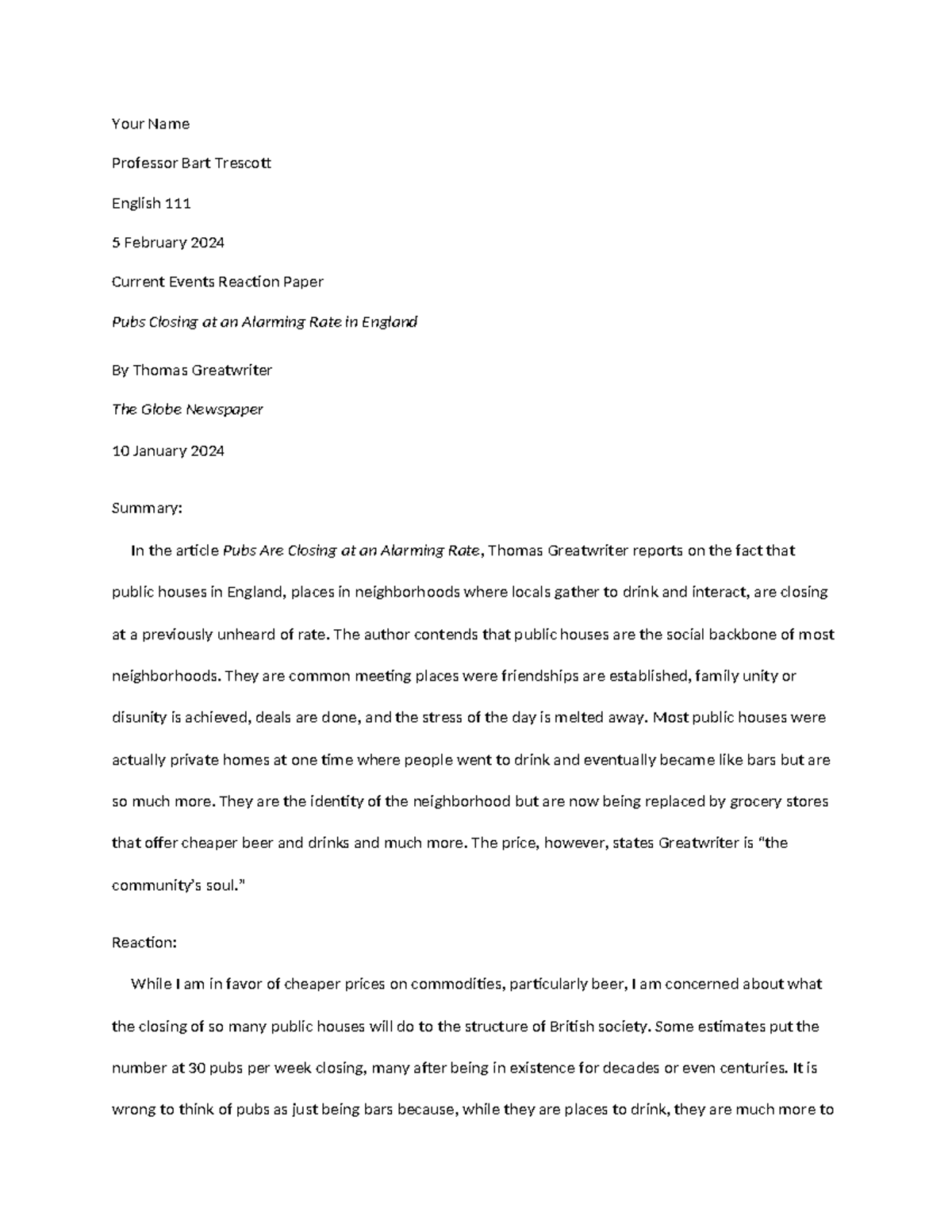 Current Events Writing Sample - Your Name Professor Bart Trescott ...
