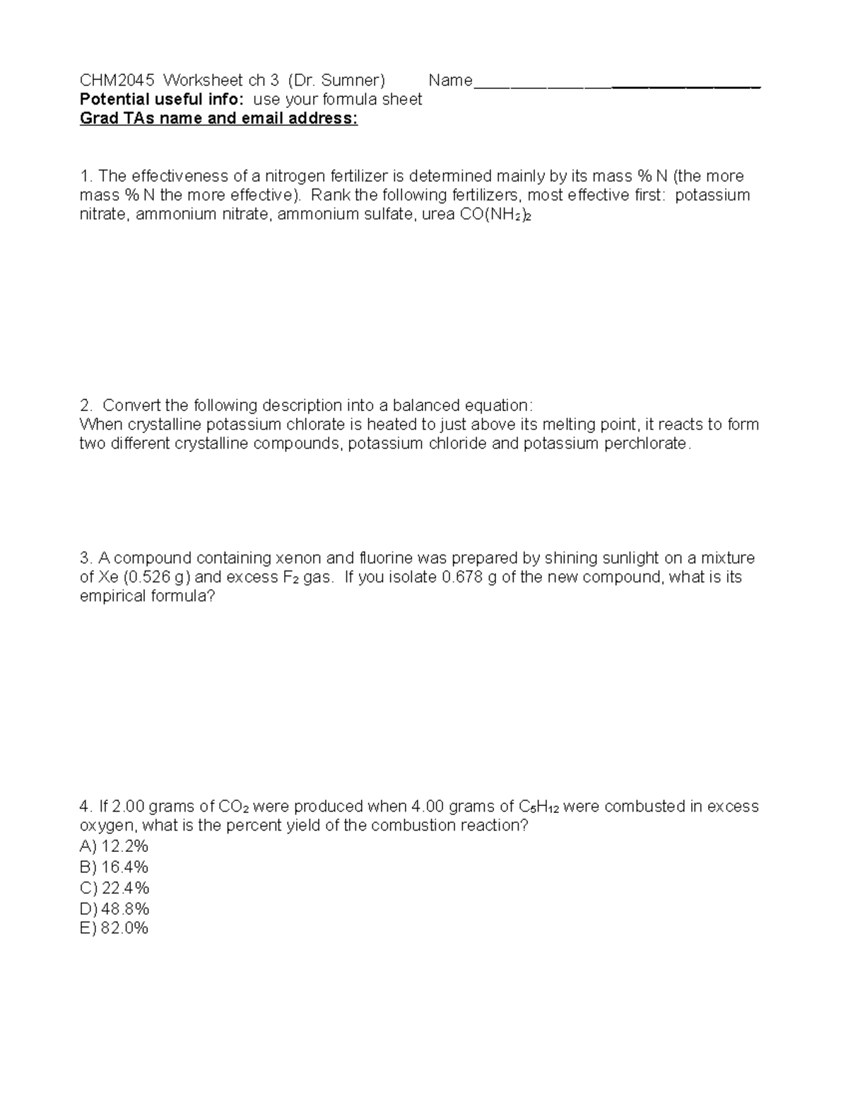 Worksheet+ch+3 - Practice - CHM2045 Worksheet ch 3 (Dr. Sumner) Name ...