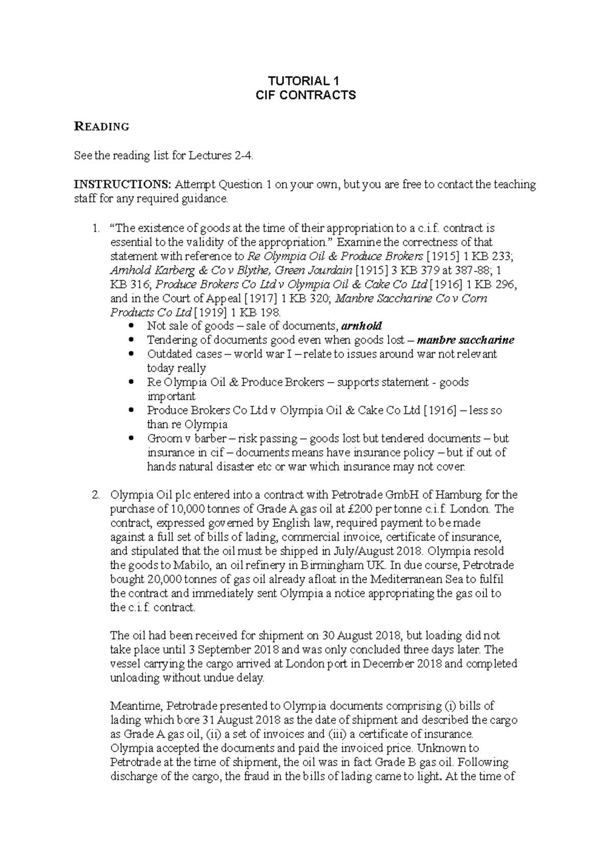 Tutorial ONE Semester TWO - TUTORIAL 1 CIF CONTRACTS READING See the ...