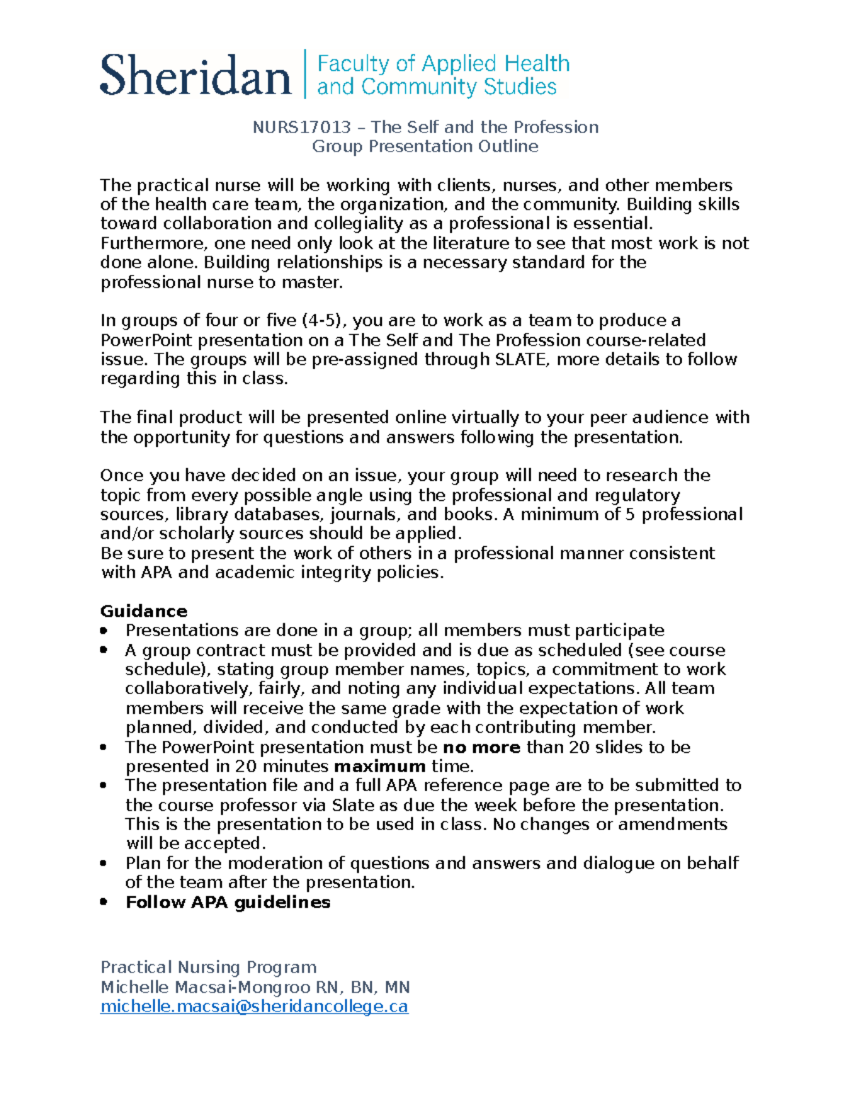 Group Presentation Outline 2020 - NURS17013 – The Self and the ...