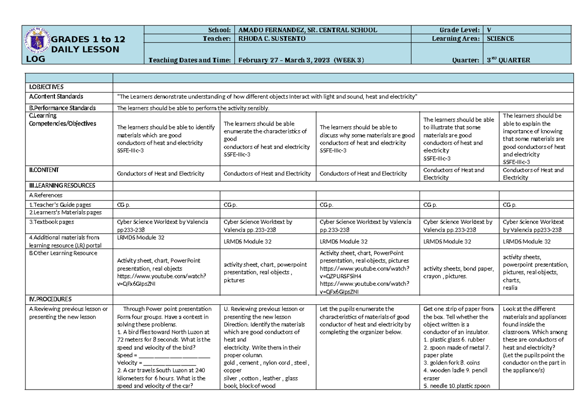 Science-5 Q3 W3-DLL - Learning science is fun - GRADES 1 to 12 DAILY ...