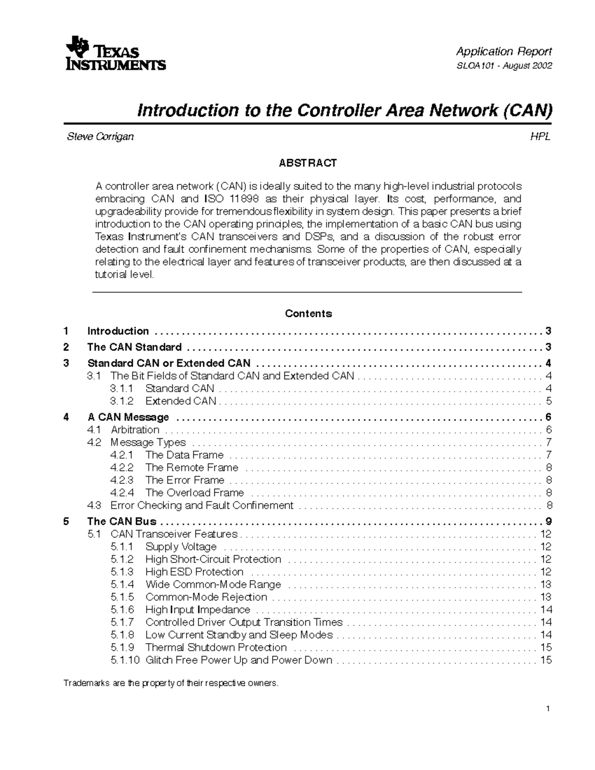 CAN TI - CAN datasheet - Application Report SLOA101 - August 2002 1 ...