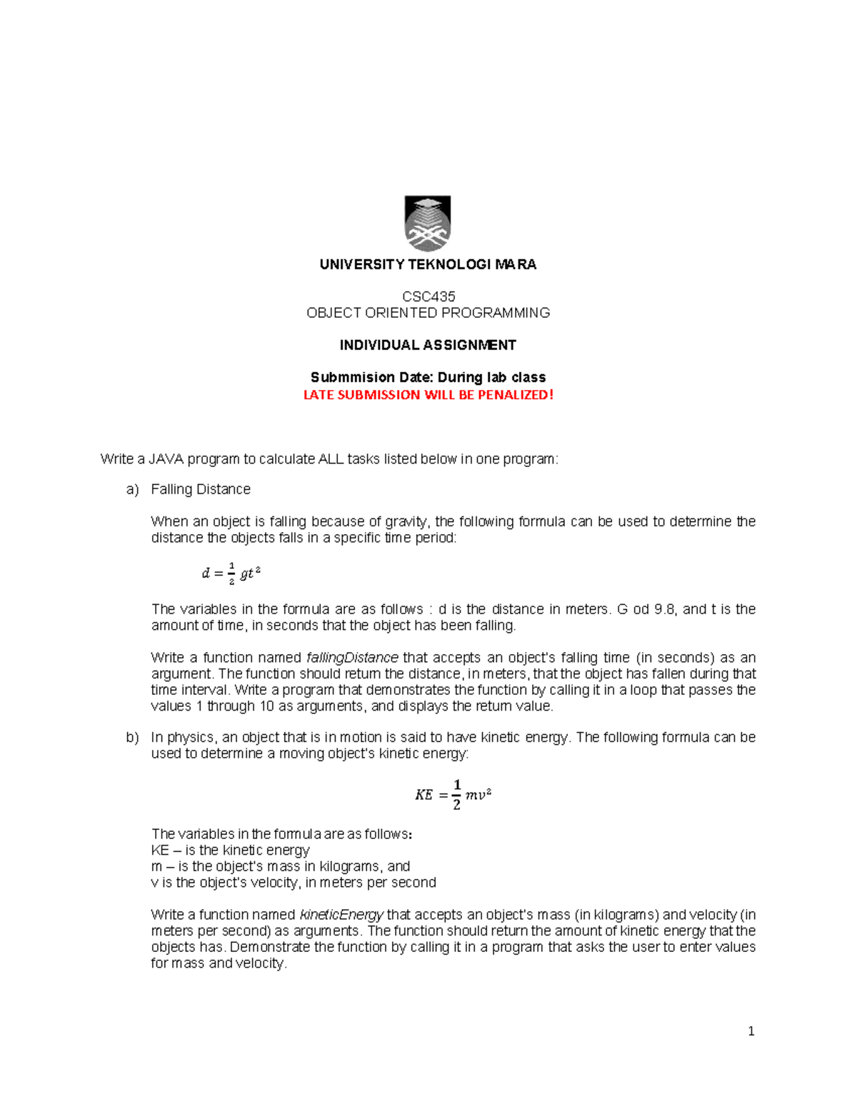 IND Asgmt OCT2024 - 1 UNIVERSITY TEKNOLOGI MARA CSC OBJECT ORIENTED PROGRAMMING INDIVIDUAL - Studocu