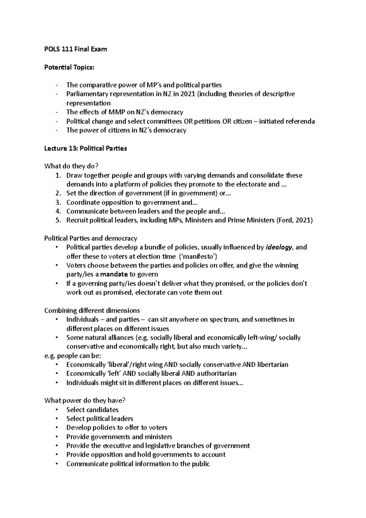 POLS 111 Final Exam lecture notes - POLS 111 Final Exam Potential ...