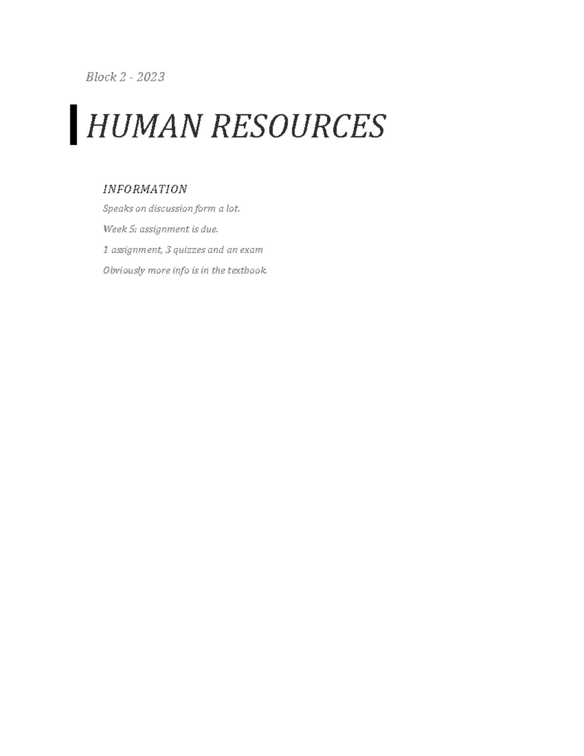 Human resources - notes - Block 2 - 2023 HUMAN RESOURCES INFORMATION ...