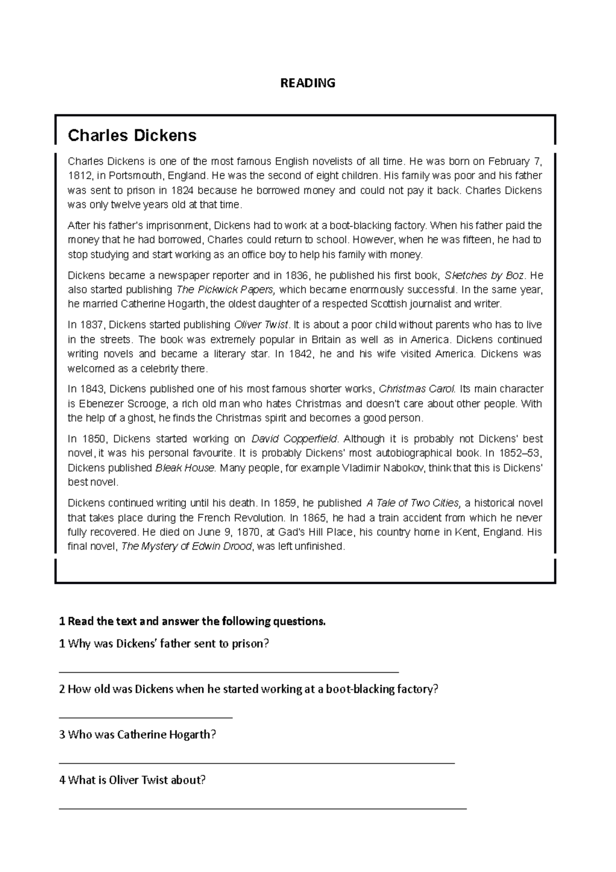 Charlesdickens - CHARLES DICKENS - READING Charles Dickens Charles ...