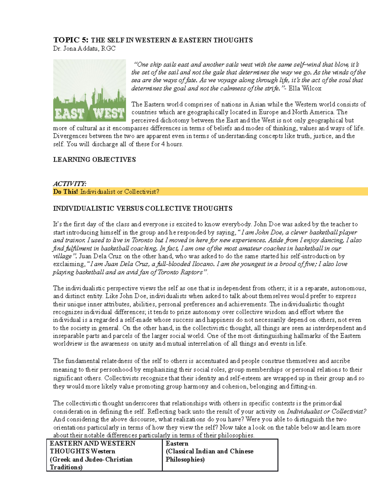 Topic 5 Eastern Western Thoughts - TOPIC 5: THE SELF IN WESTERN ...