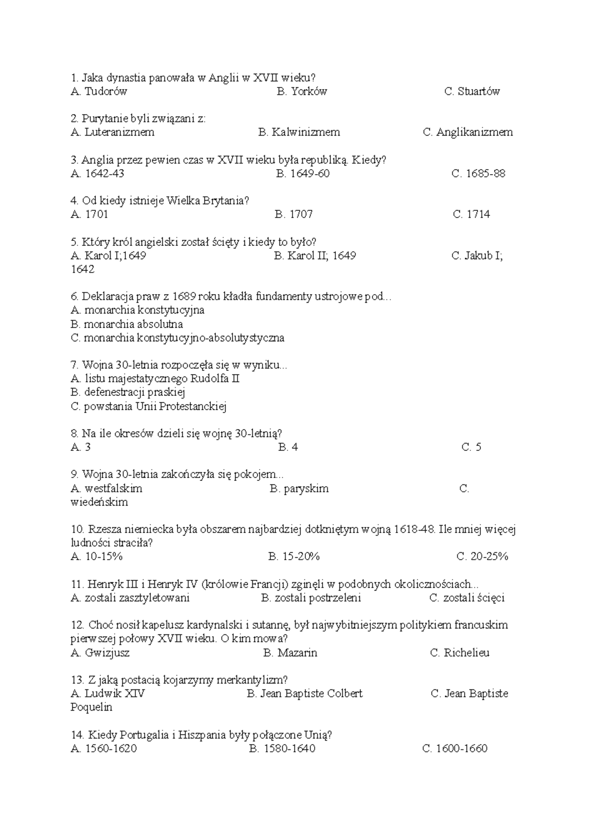 11. Europa XVII w. - 25 pytań - Jaka dynastia panowała w Anglii w XVII ...