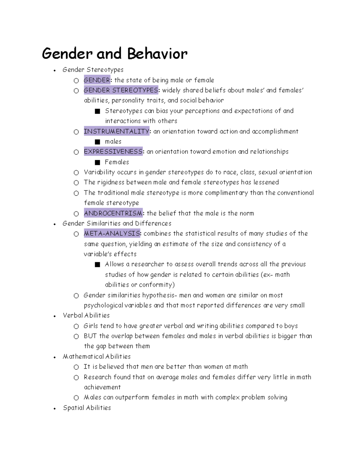 CH.11 Reading Notes - Gender and Behavior Gender Stereotypes GENDER ...