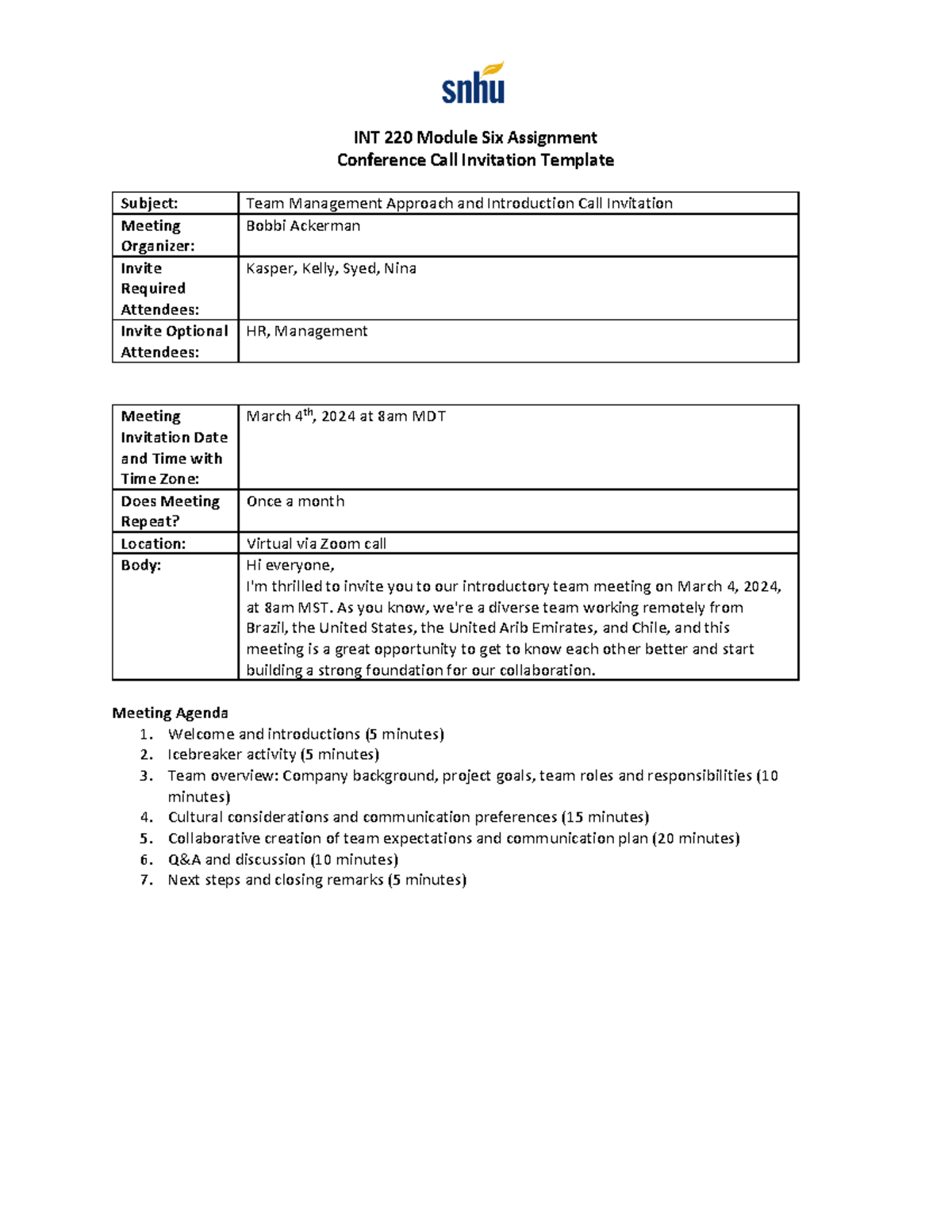 INT 220 Conference Call Invitation - INT 220 Module Six Assignment ...