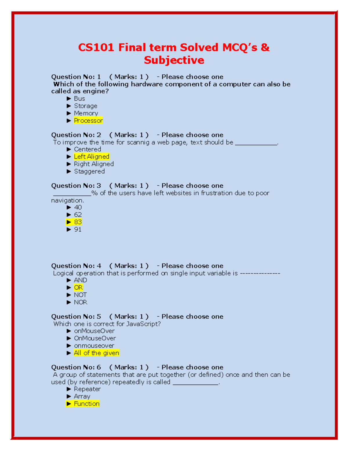 15 - None - CS101 Final term Solved MCQ’s & Subjective Question No: 1 ( Marks: 1 ) - Please ...