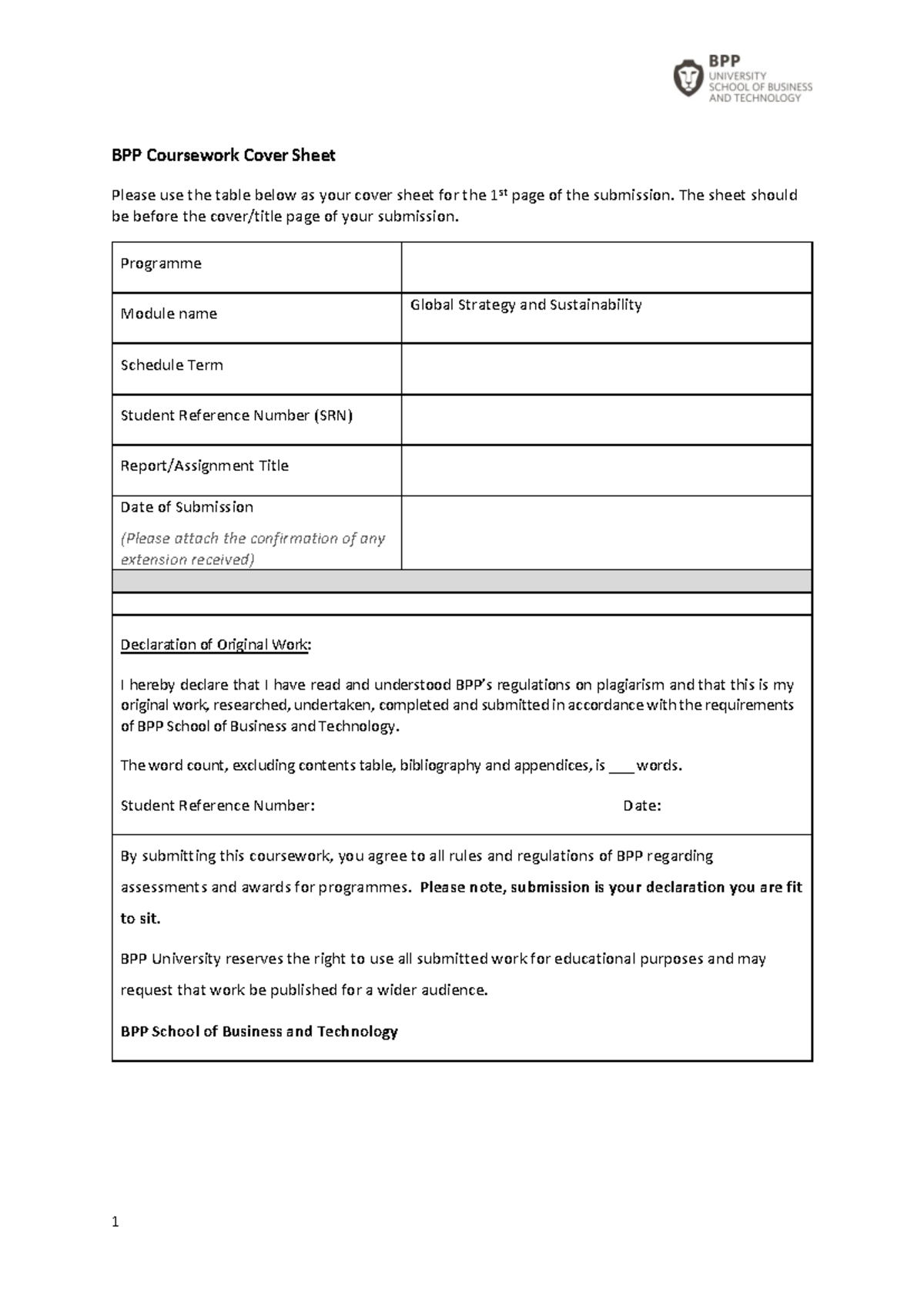 Formative Assessment Brief Huayi Brothers 1 - BPP Coursework Cover Sheet Please use the table ...