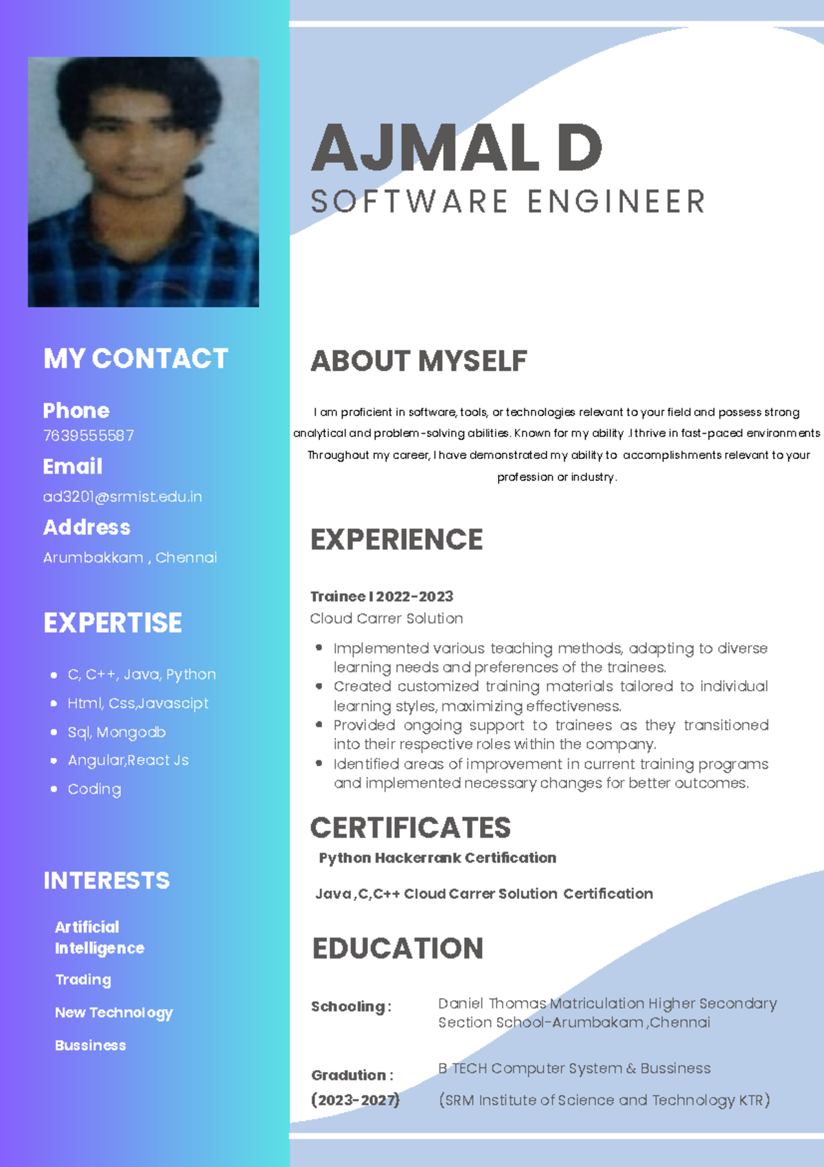 Grey White Modern Graphic Designer Resume - B TECH Computer System ...