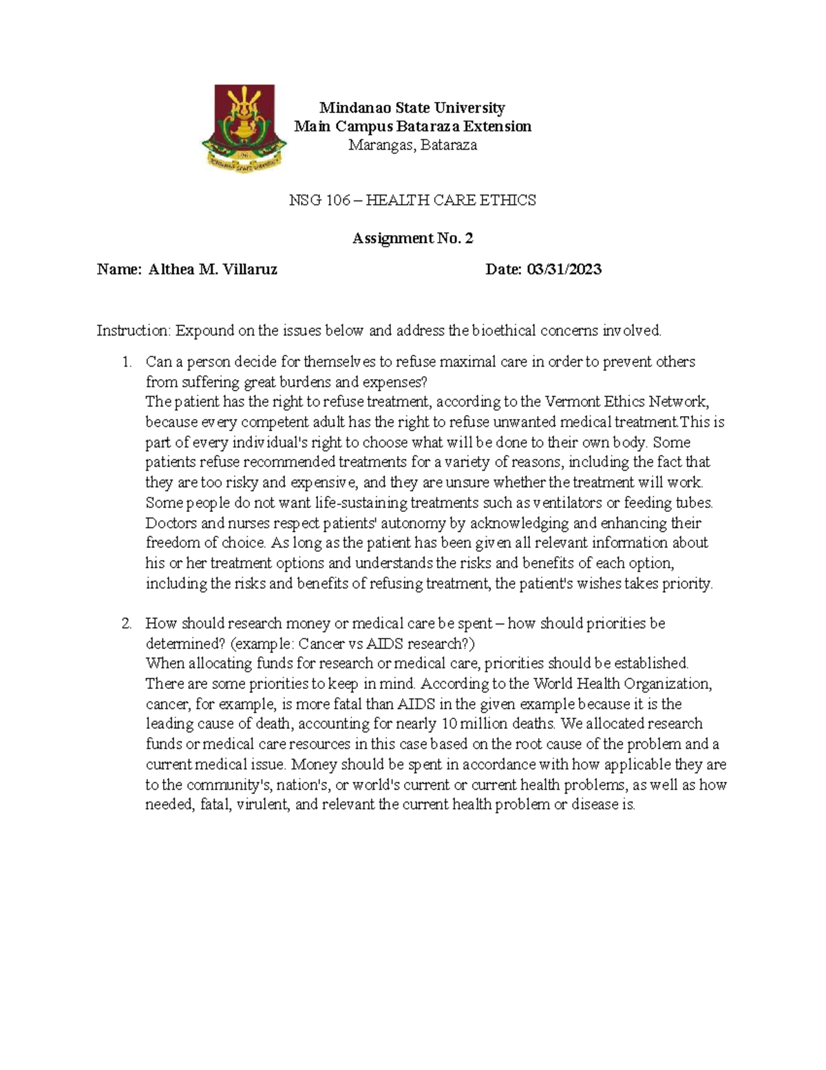 NSG-106-Assignment-No.-2 AMV - Mindanao State University Main Campus ...