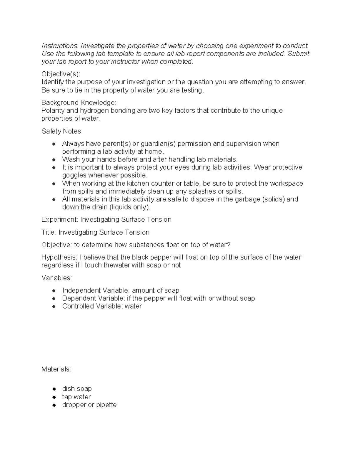 Properties of Water Lab Report - Instructions: Investigate the ...