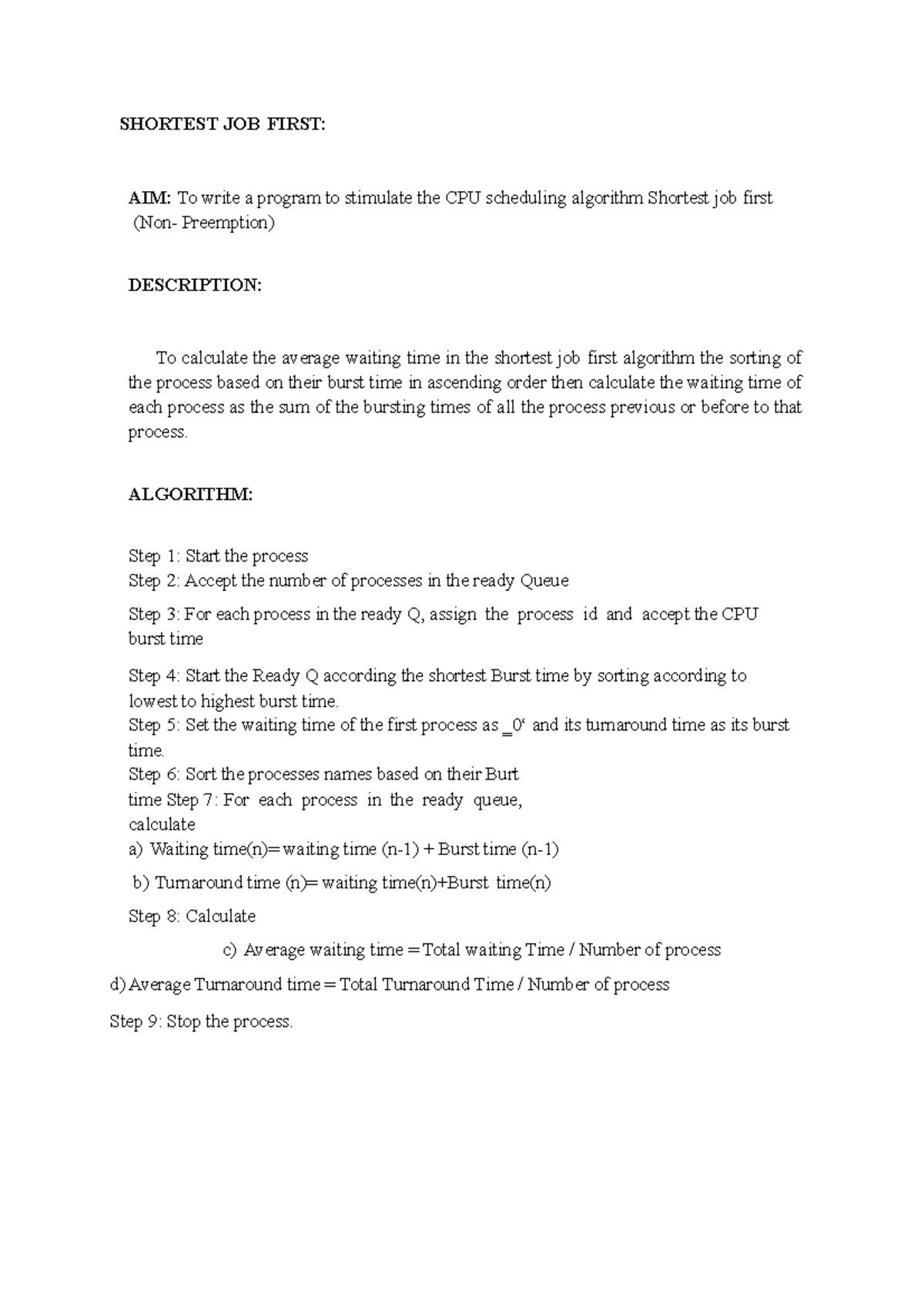 OS LAB Programs - os lab p rograms - SHORTEST JOB FIRST: AIM: To write ...