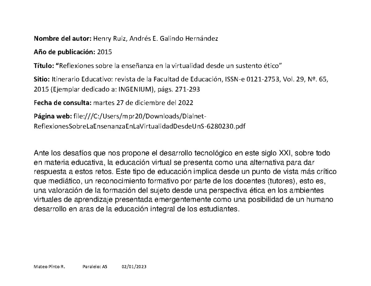 Fichas bibliograficas - Mateo Pinto R. Paralelo: A5 02/01/ Nombre del ...