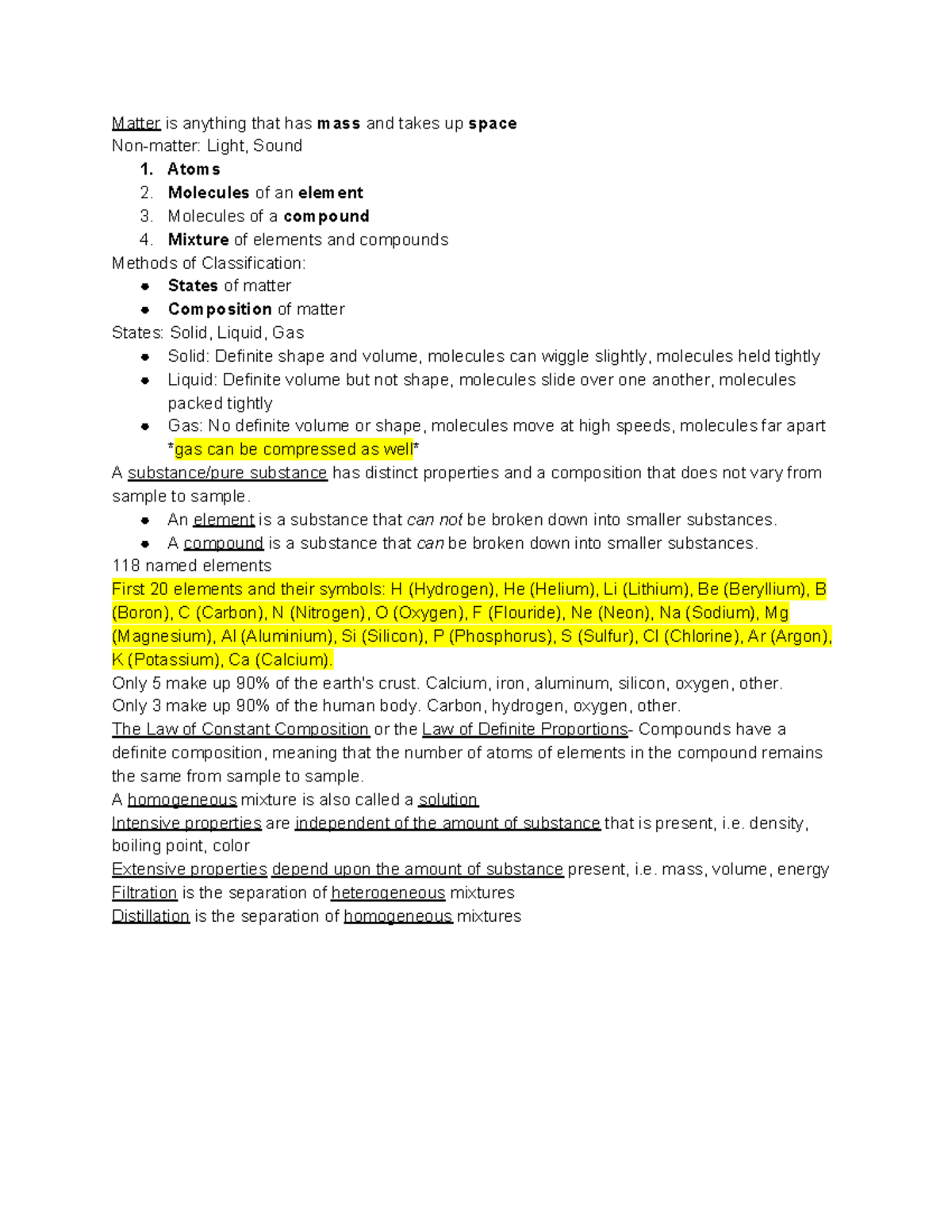 Intro Chem I Matter - Lecture notes 1-2 - Matter is anything that has ...
