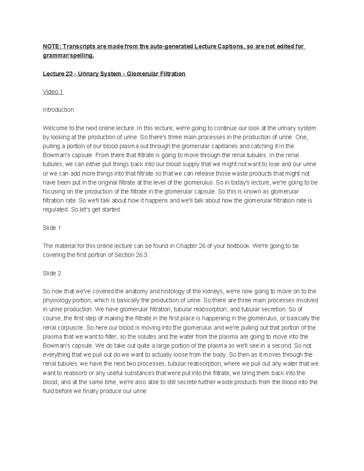 Lecture 23 - Urinary System - Glomerular Filtration - NOTE: Transcripts ...