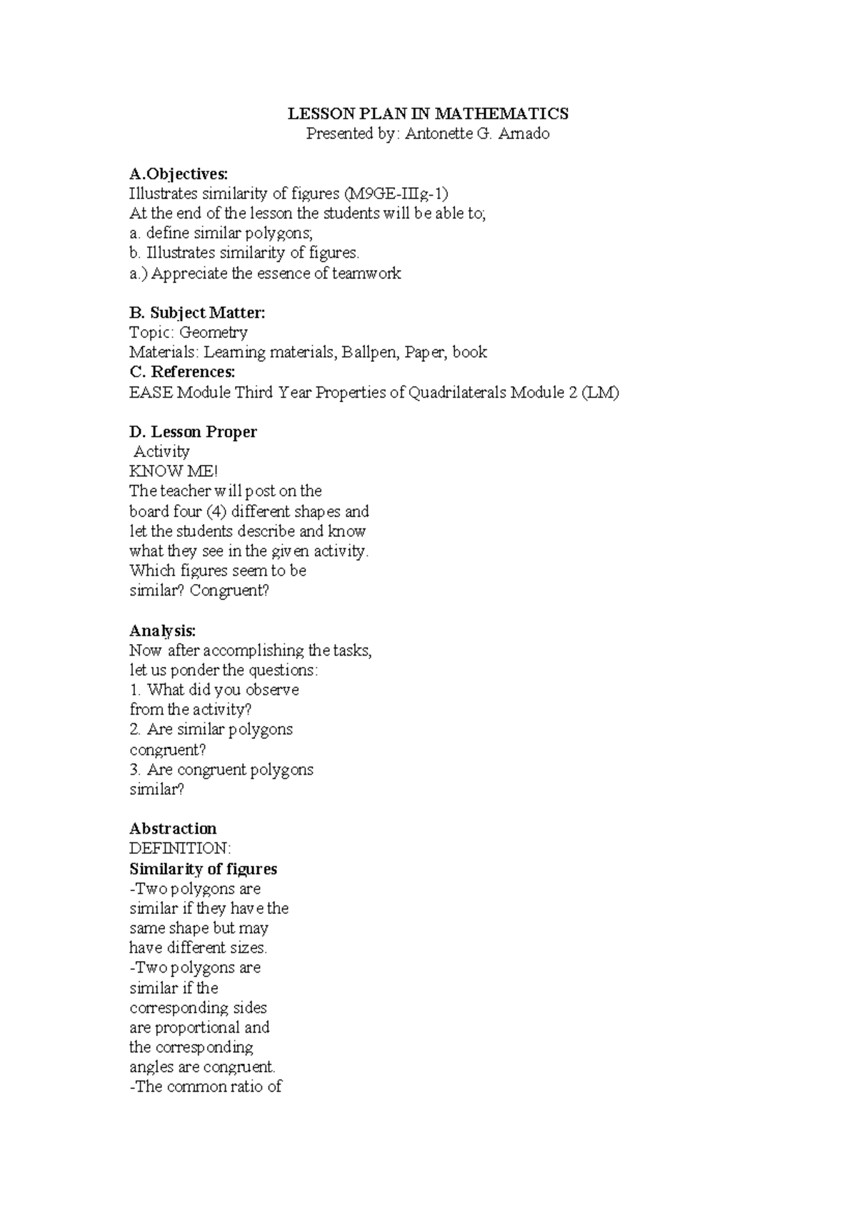 Lesson PLAN Geometry - LESSON PLAN IN MATHEMATICS Presented by ...