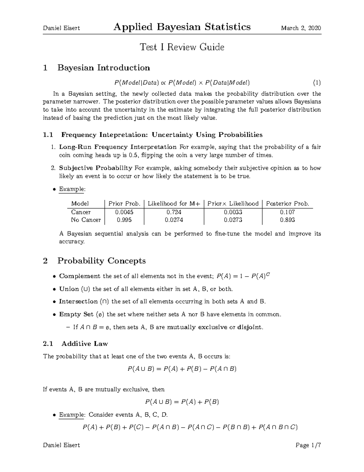 STAT 4444 Test I Review Guide - Test I Review Guide 1 Bayesian ...