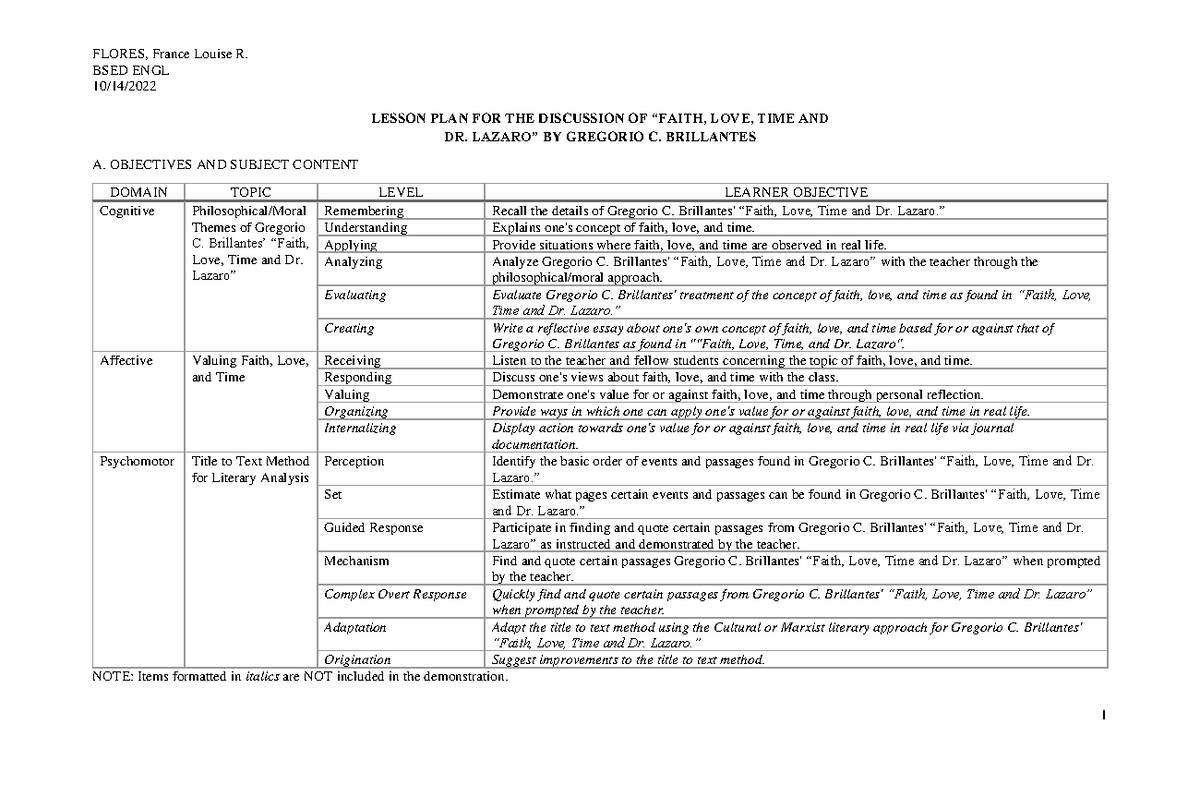 Faith, Love, Time and Dr. Lazaro - Lesson Plan - BSED ENGL 10/14 ...